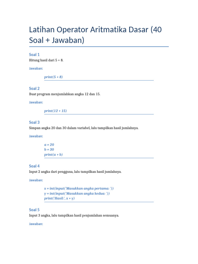 Latihan Operator Aritmatika Dasar 40 Soal Jawaban Pdf