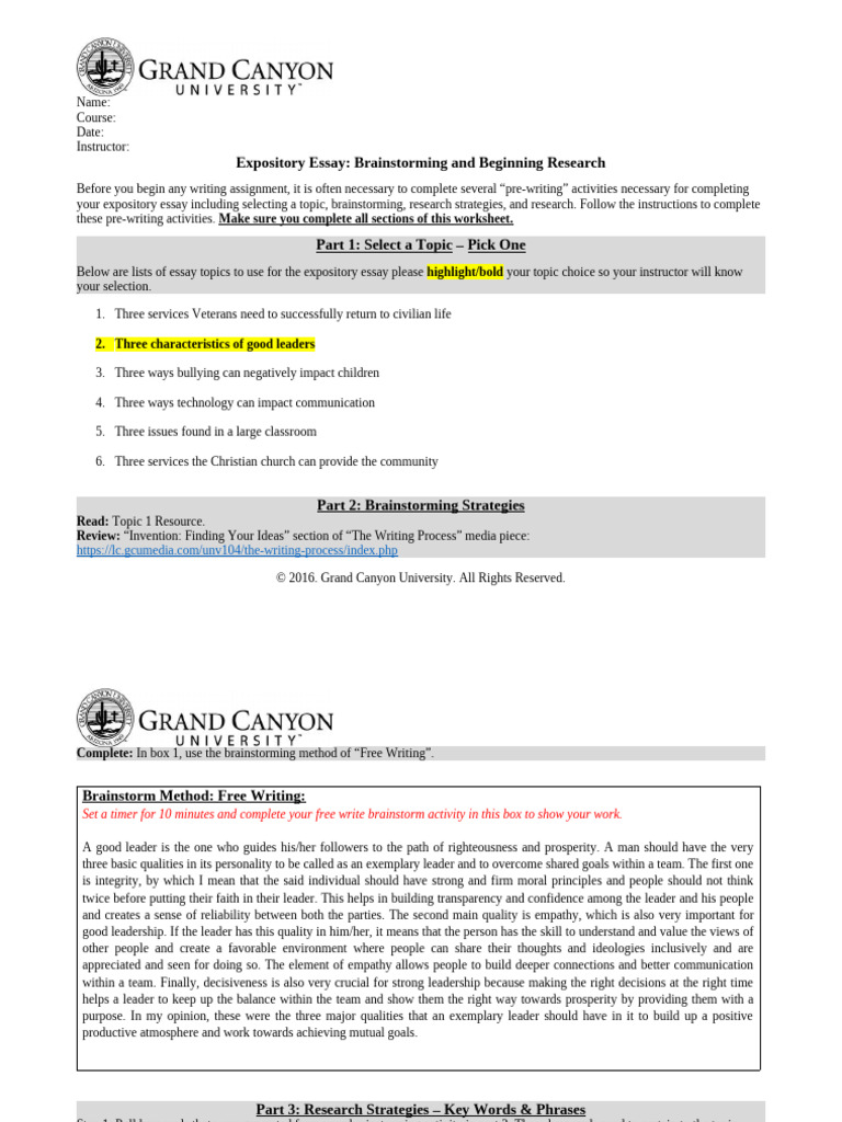 Expository Essay: Brainstorming Guide | PDF | Citation | Leadership