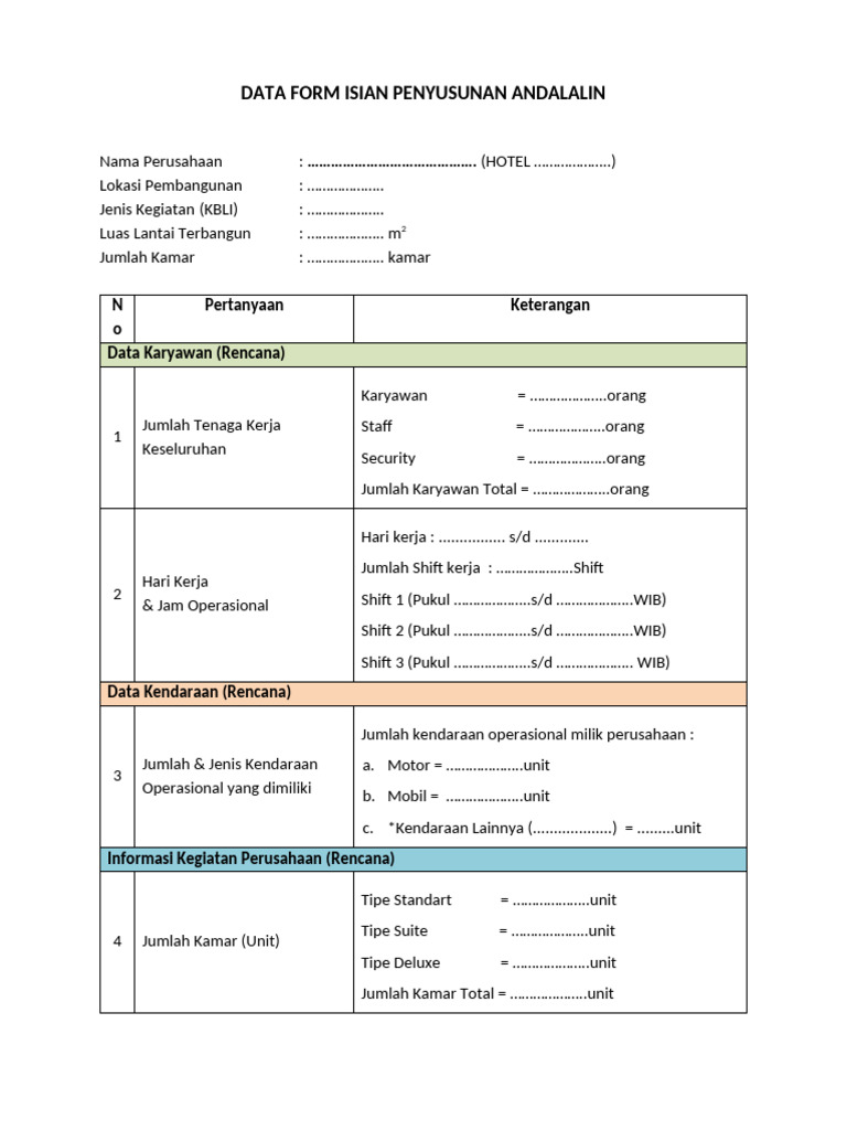 Form Isian Penyusunan Andalan Hotel | PDF