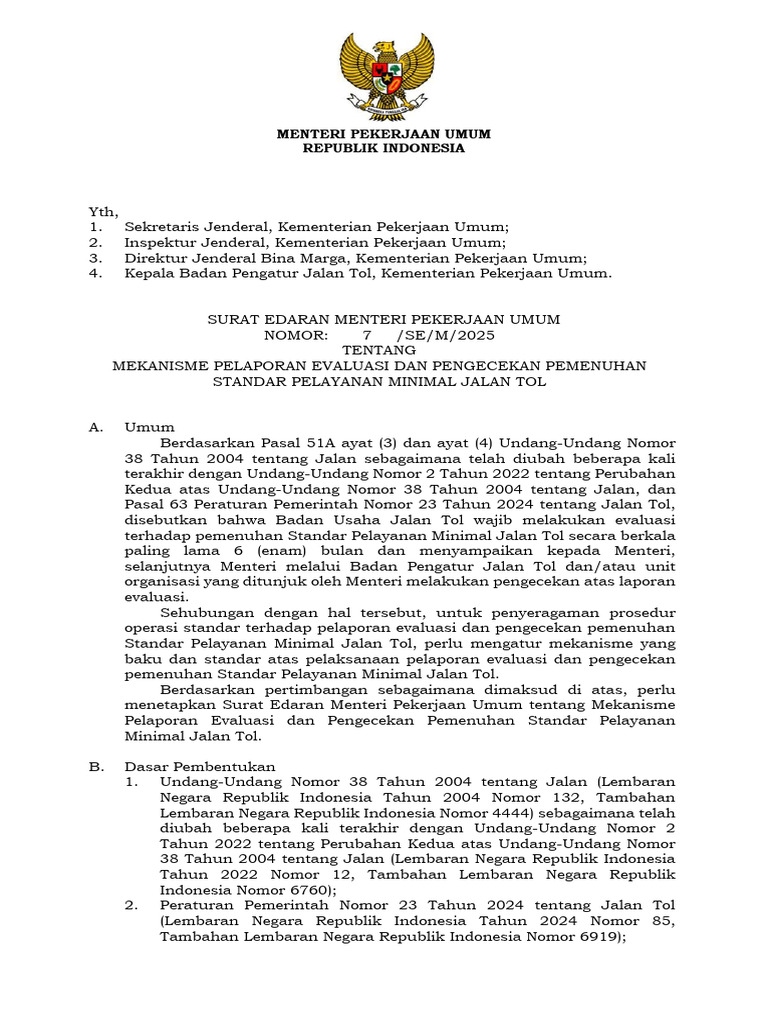 Surat Edaran Menteri Pekerjaan Umum Nomor 7sem2025 Tentang Mekanisme Pelaporan Evaluasi Dan ...