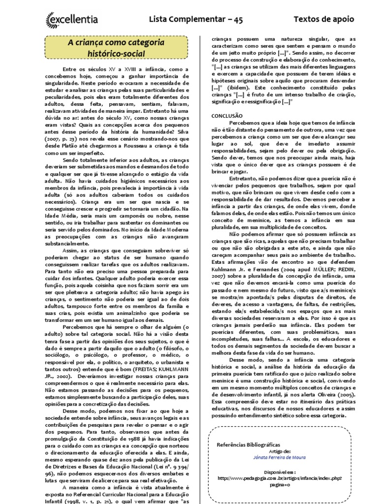 Lista Complementar - Textos de Apoio - 45 - A Infância Como Categoria Histórico-Social | PDF
