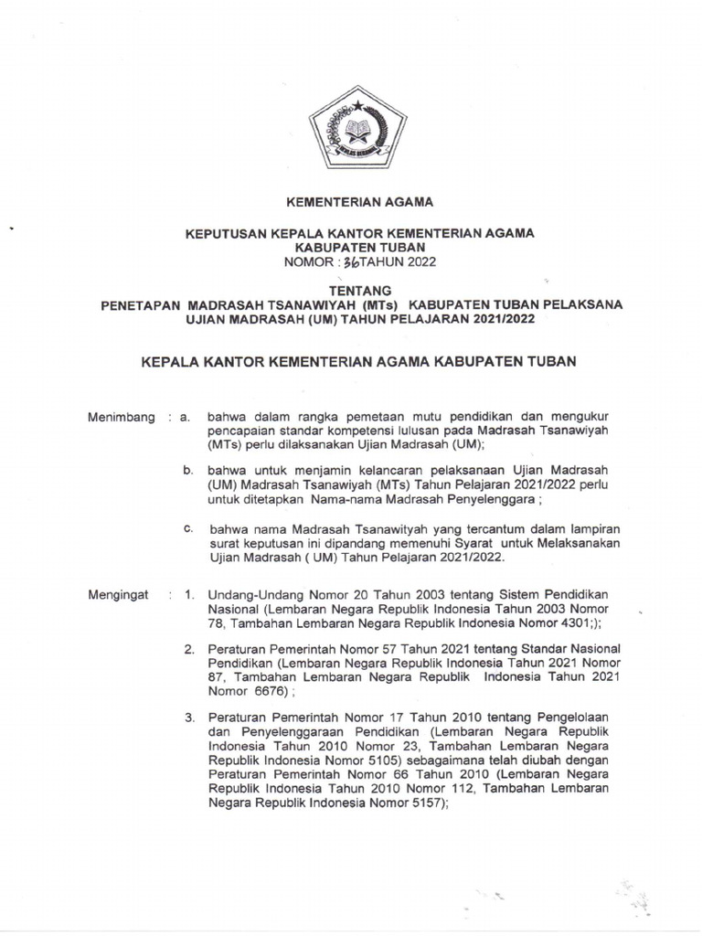 Surat Penetapan Ujian MTs | PDF