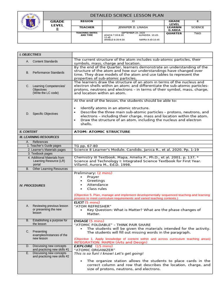 Lesson Plan September 25, 2025 | PDF | Atoms | Atomic Nucleus