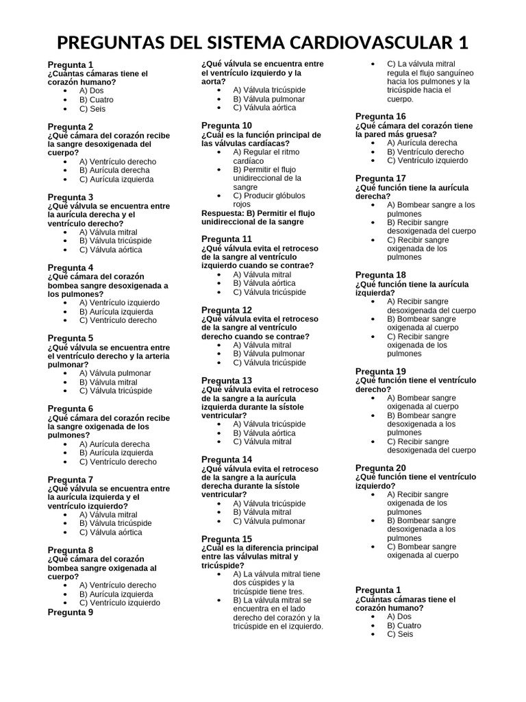 Preguntas Del Sistema Cardiaco 1. | PDF | Ventrículo (corazón) | Corazón