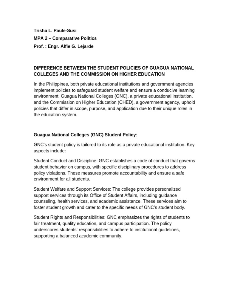 GNC vs. CHED: Student Policy Comparison | PDF | Student Affairs | Policy
