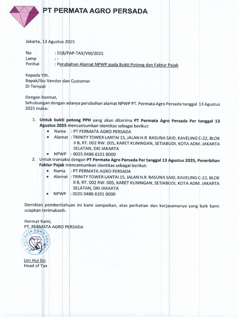 Surat Perubahan Alamat NPWP PT Permata Agro Persada | PDF