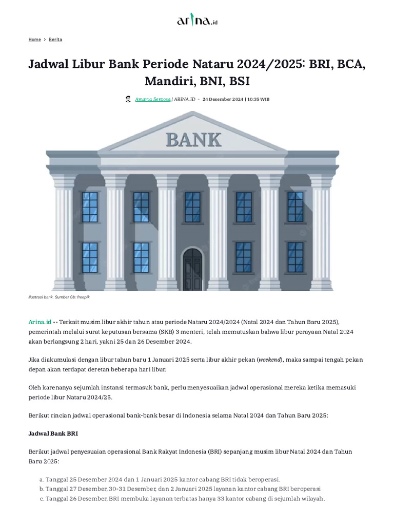 Jadwal Libur Bank Periode Nataru 2024 - 2025 - BRI, BCA, Mandiri, BNI, BSI - ARINA - Id | PDF