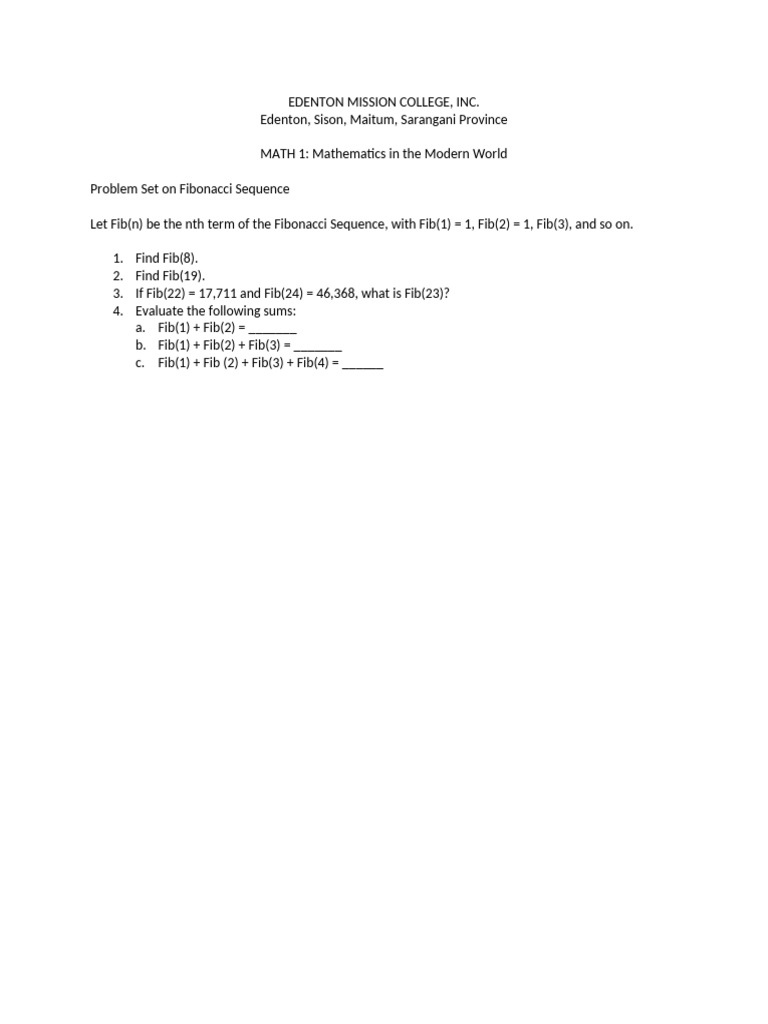 Problem Set On Fibonacci Sequence | PDF