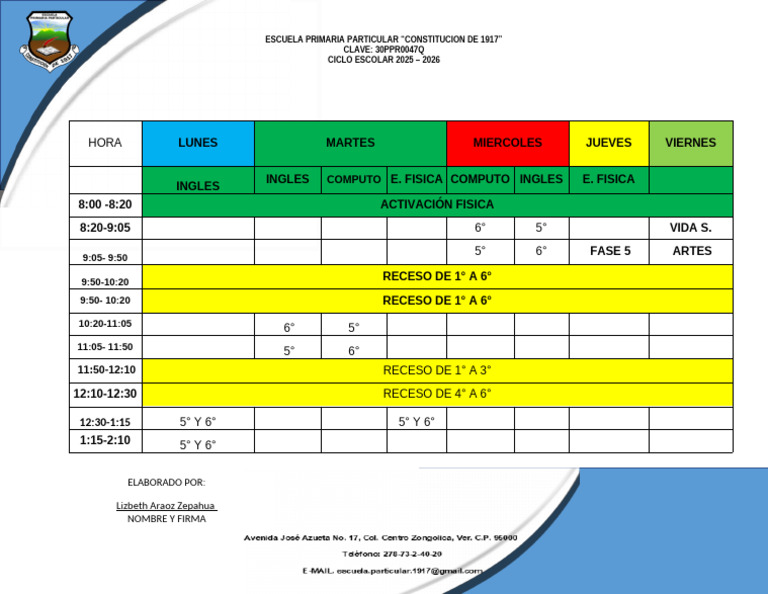 Horario Escolar 2025-2026 Primaria | PDF
