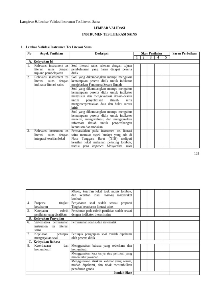 Lembar Validasi Instrumen Tes Literasi Sains | PDF