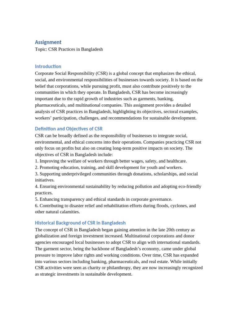 Detailed CSR Practices Assignment | PDF | Corporate Social Responsibility | Sustainability