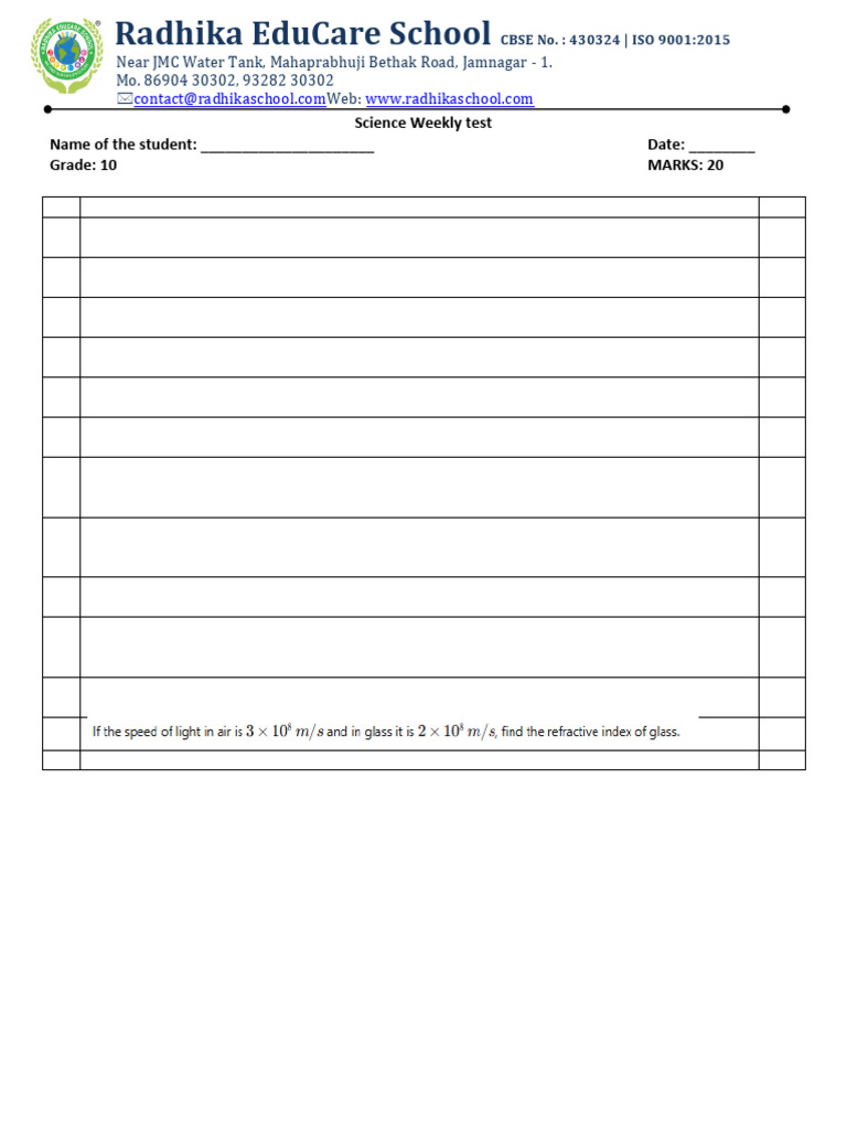 Grade 10 Science Physics First Weekly Test | PDF | Eye | Electrodynamics