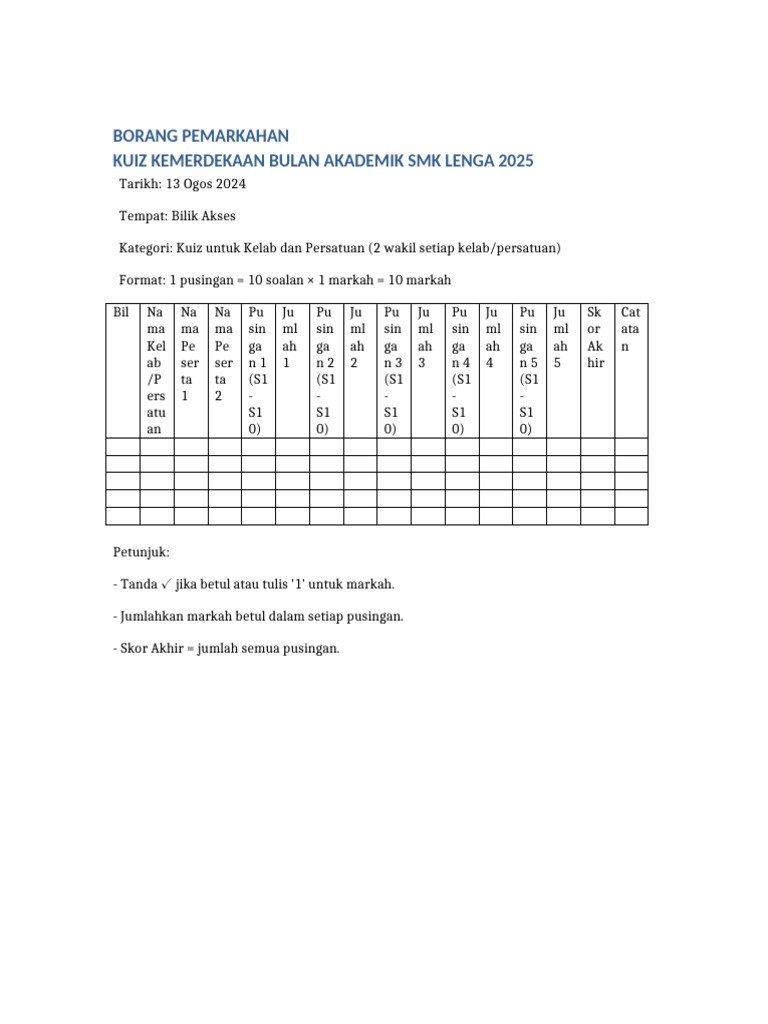 Borang Pemarkahan Kuiz Kemerdekaan 2025 | PDF