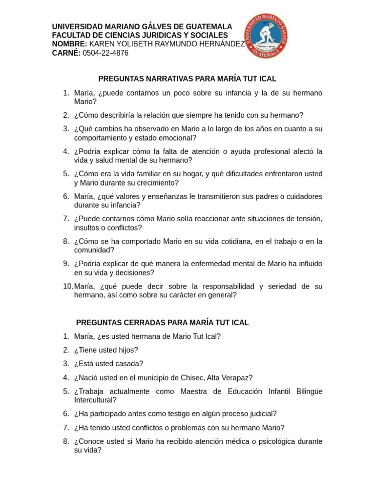 Preguntaspara La Hermana de Mario Tut Ical | PDF | Salud mental | Sicología