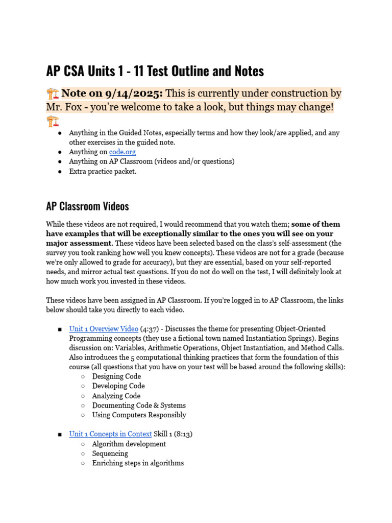 Unit 1 Lessons 1 - 11 Test Outline - AP CSA | PDF | Computer Program ...