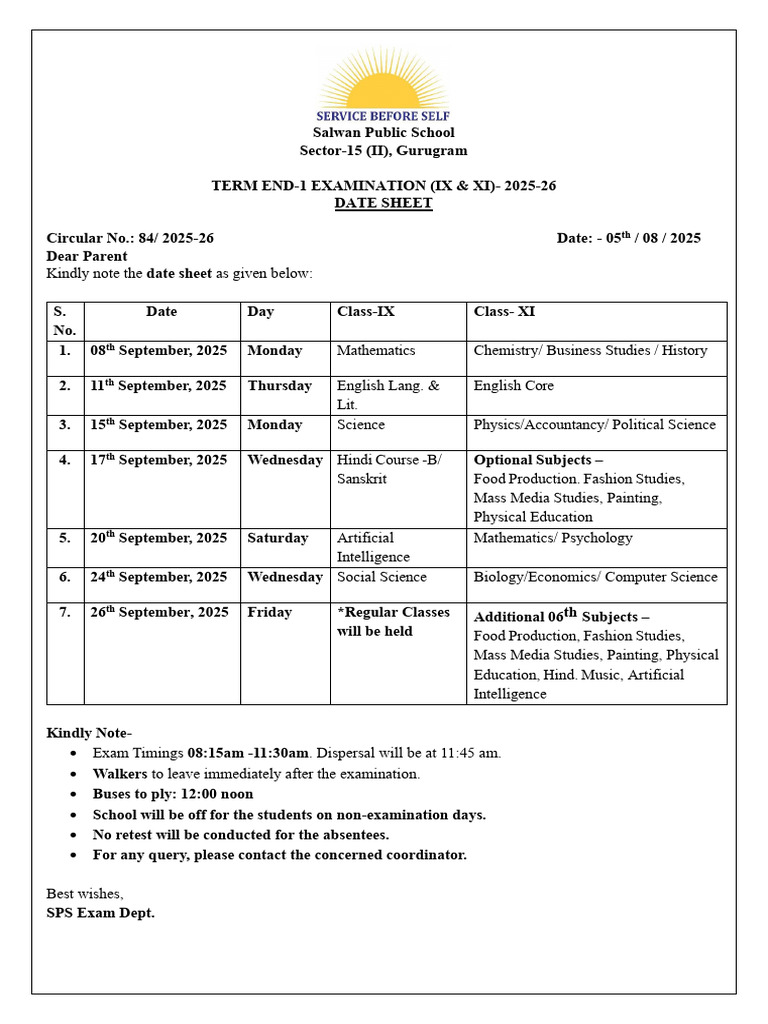 Circular No. 84date Sheet For IX and XI Term End1 | PDF