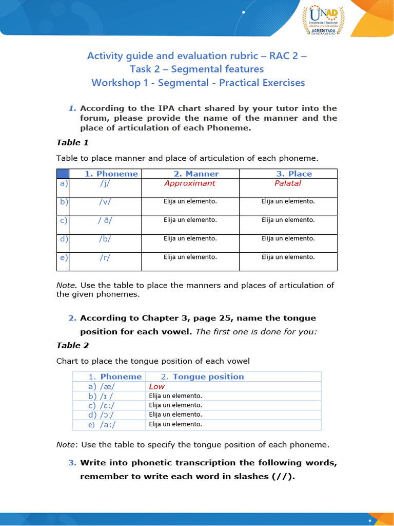 Annex 1 - Workshop - Segmental Practical Exercises | PDF | Phonetics | Phoneme