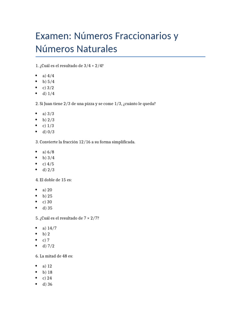 Examen de Números Fraccionarios y Naturales | PDF
