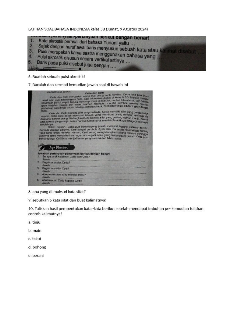 Latihan Soal Bahasa Indonesia Kelas 5b | PDF
