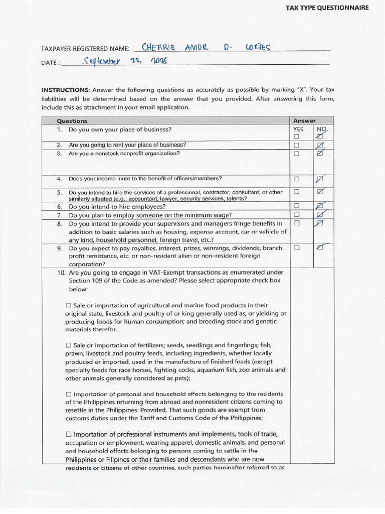 Tax Type Questionnaire | PDF