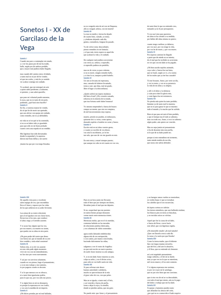 Sonetos Garcilaso de La Vega 1 20 | PDF | Amor | Ciencias de la Tierra