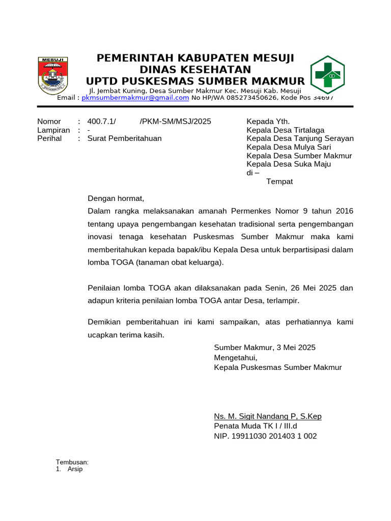 Lomba TOGA Desa di Puskesmas Sumber Makmur | PDF
