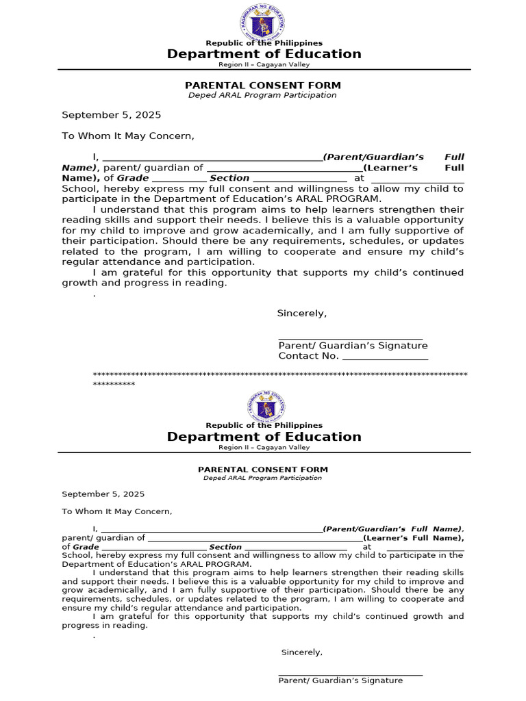 ARAL Program Parental Consent Form | PDF | Social Institutions ...