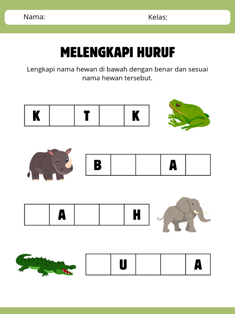 Melengkapi Huruf Nama Hewan Lembar Kerja Merah Muda Ilustratif | PDF