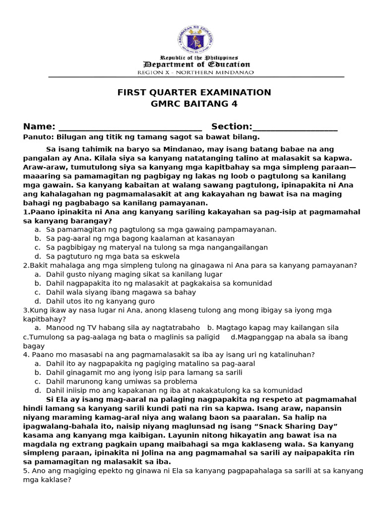 GMRC First Quarter Examination Final | PDF