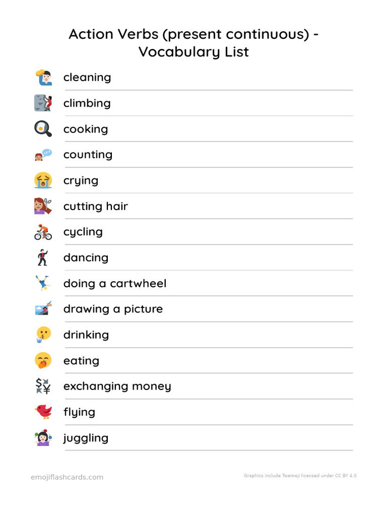Us English Action Verbs Present Continuous Vocabulary List Translations ...