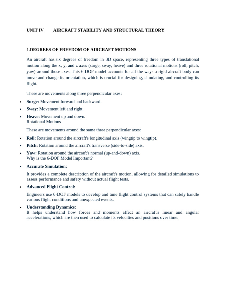 Unit IV Aircraft Stability and Structural Theory | PDF | Rotation | Space