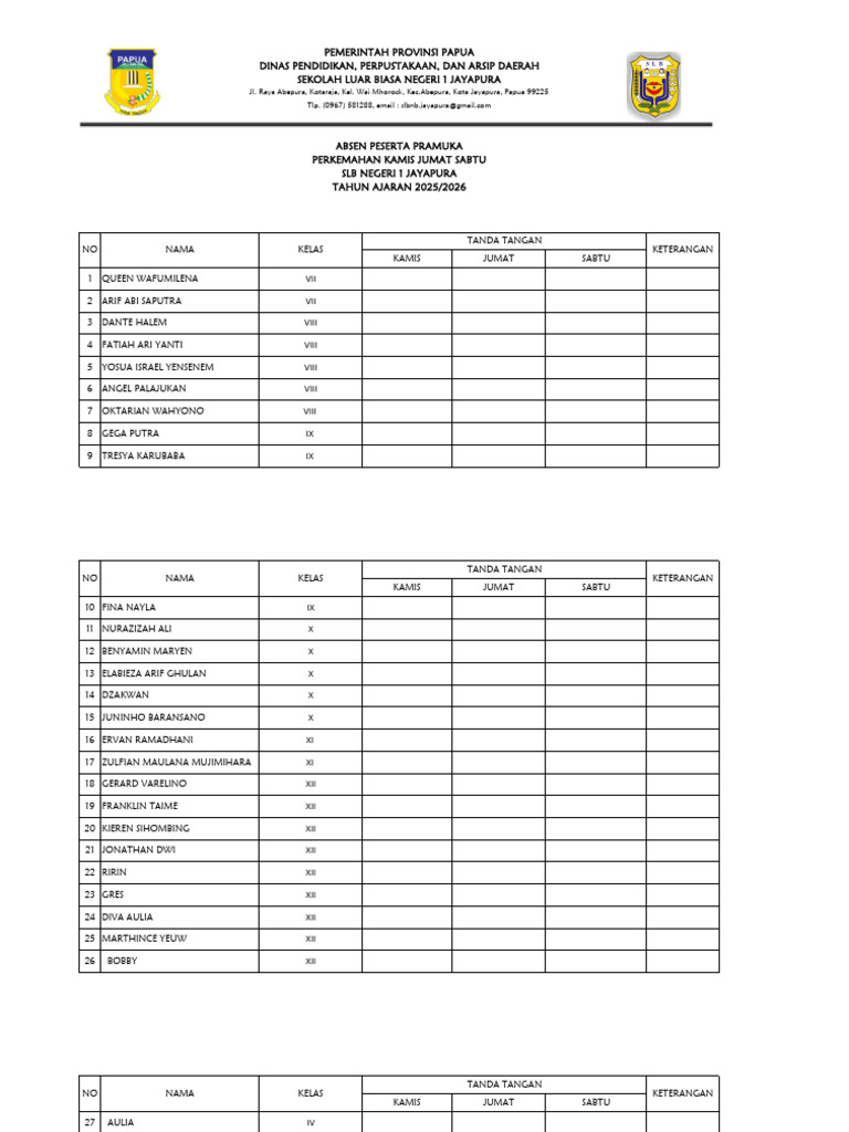 Absen Pramuka SLB Jayapura 2025/2026 | PDF