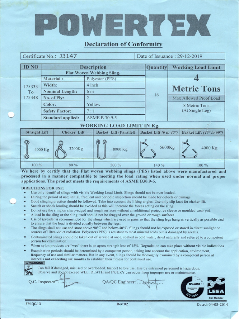 Web Sling Certificate | PDF