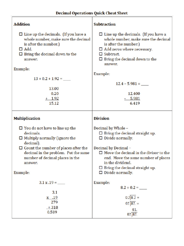 Decimal Operation Cheat Sheet | PDF
