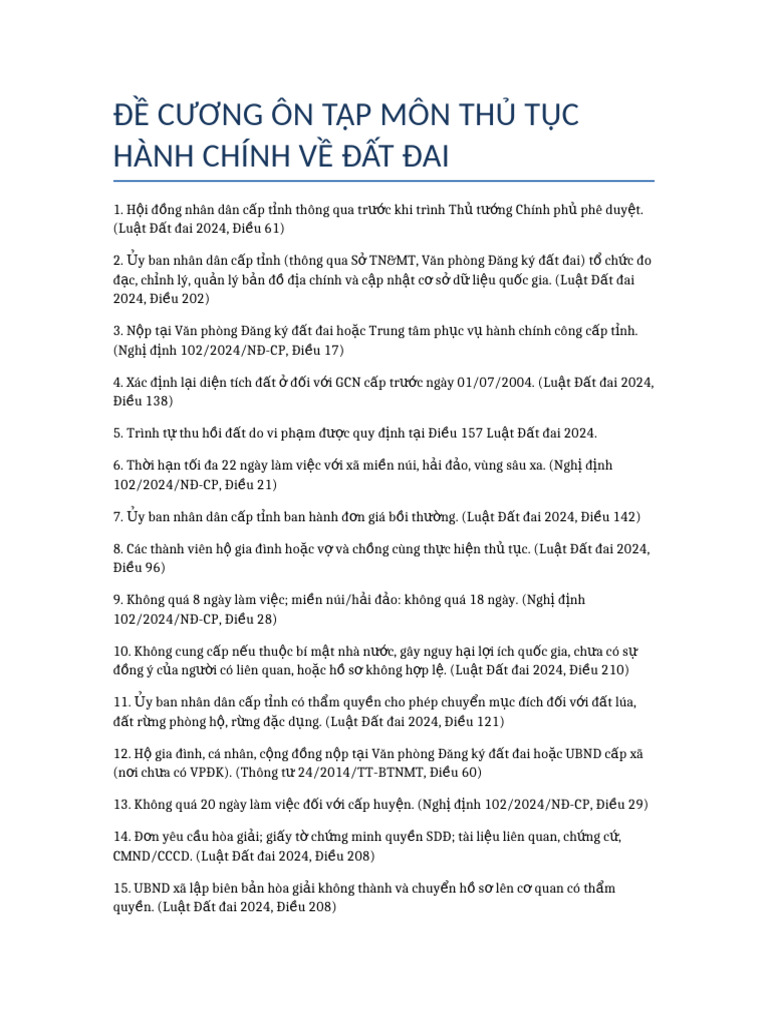 De Cuong On Tap TTHC Dat Dai | PDF