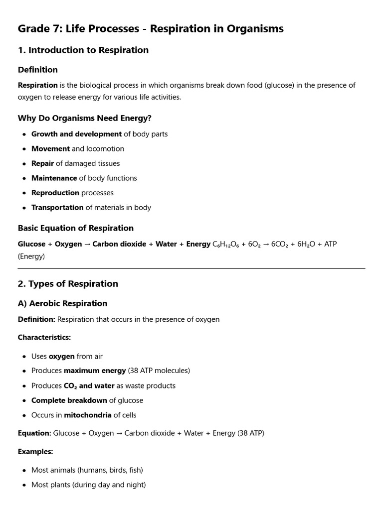 Grade 7 Respiration in Organisms Guide | PDF | Respiratory System ...