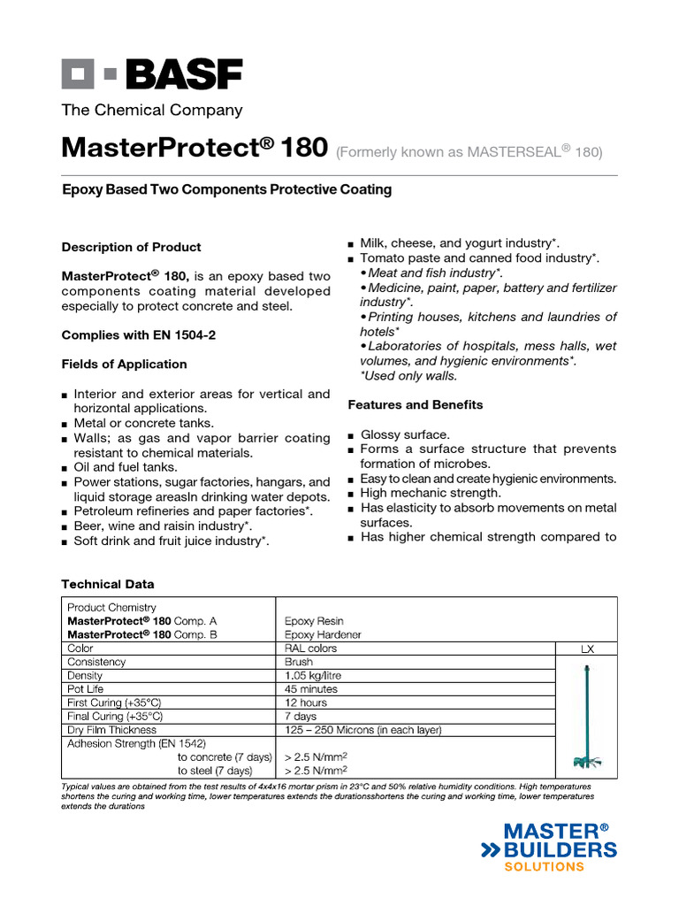 MasterProtect® 180 Data Sheet | PDF | Concrete | Epoxy