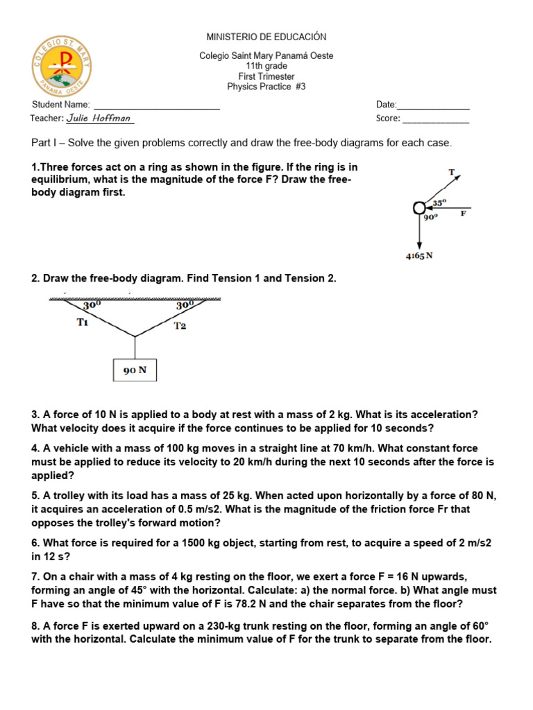 11th Grade Physics Practice 3 First Trimester - Newtons Law - Students | PDF