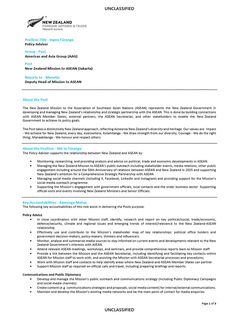 Policy Adviser Position at NZ Mission to ASEAN | PDF | Occupational ...