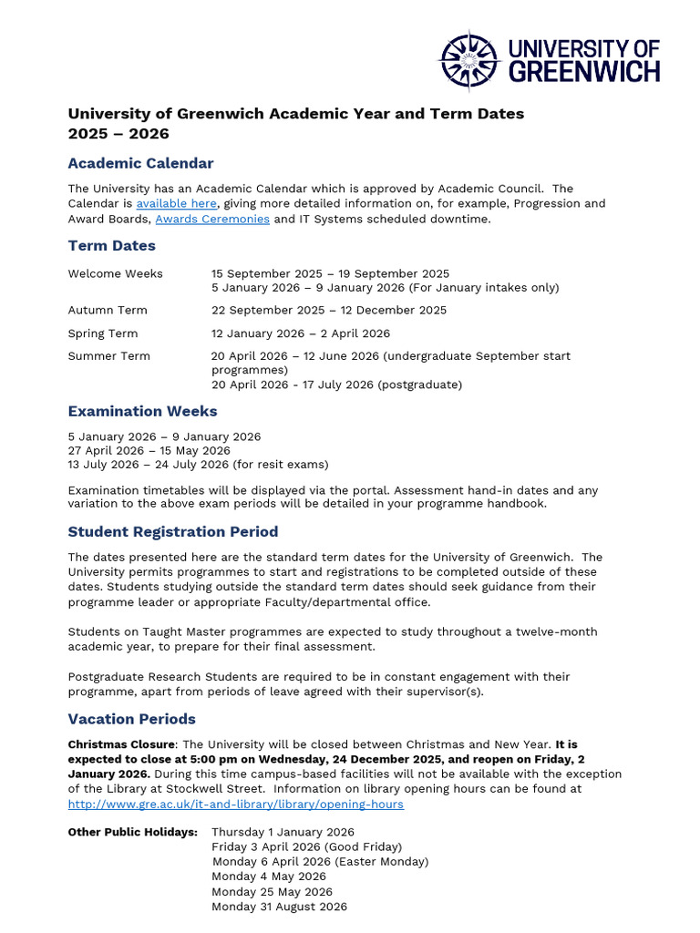 University of Greenwich Term Dates 2025-26 | PDF