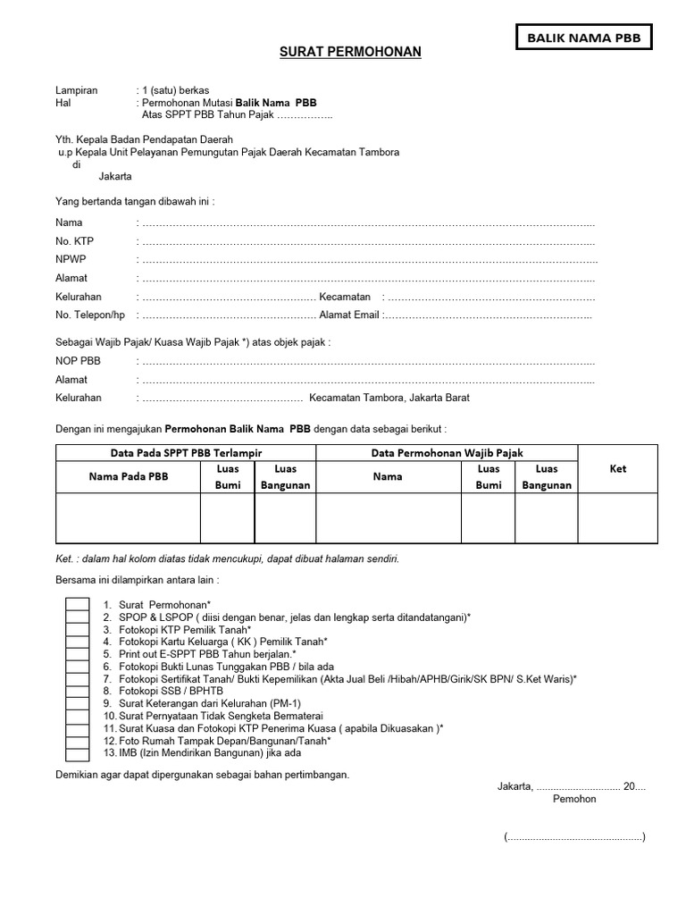 Permohonan Balik Nama PBB Jakarta | PDF