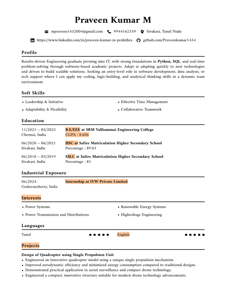 Praveen-Kumar-M - Electrical Resume | PDF | Agriculture | Unmanned Aerial Vehicle