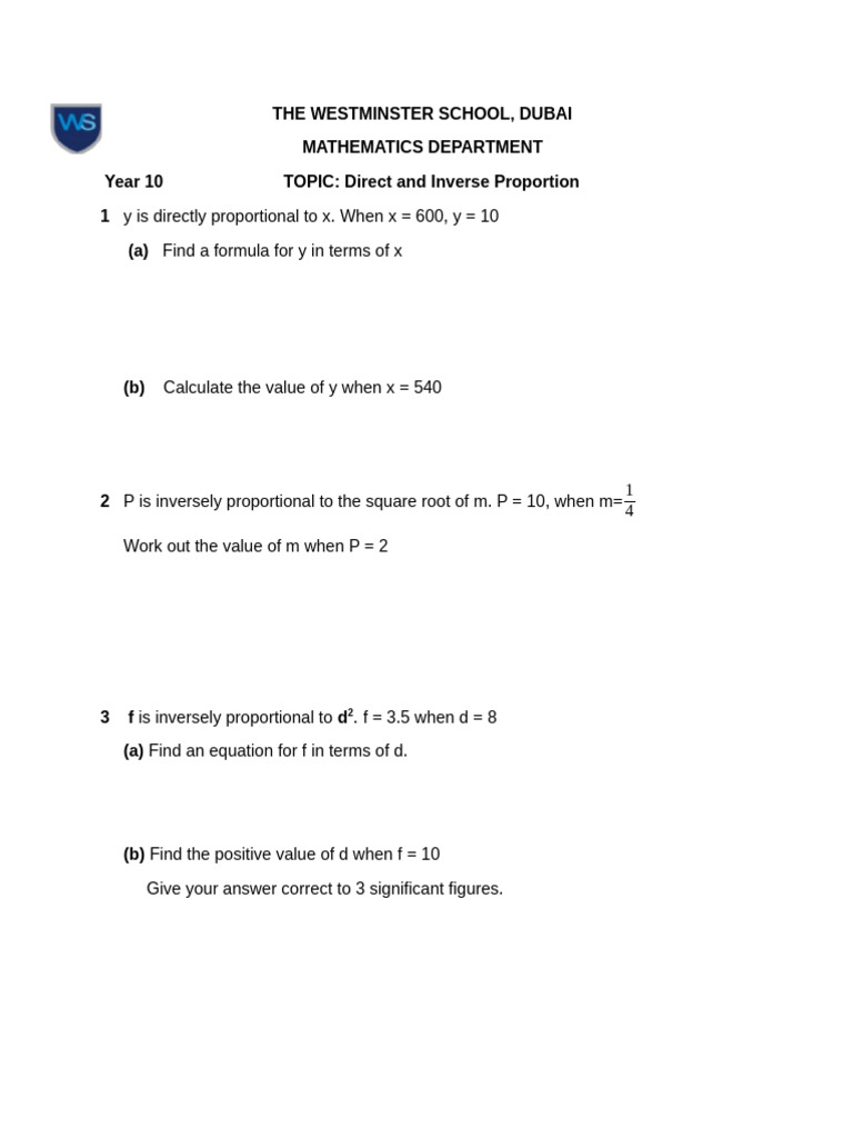 Year 10 Direct and Inverse Proportion | PDF