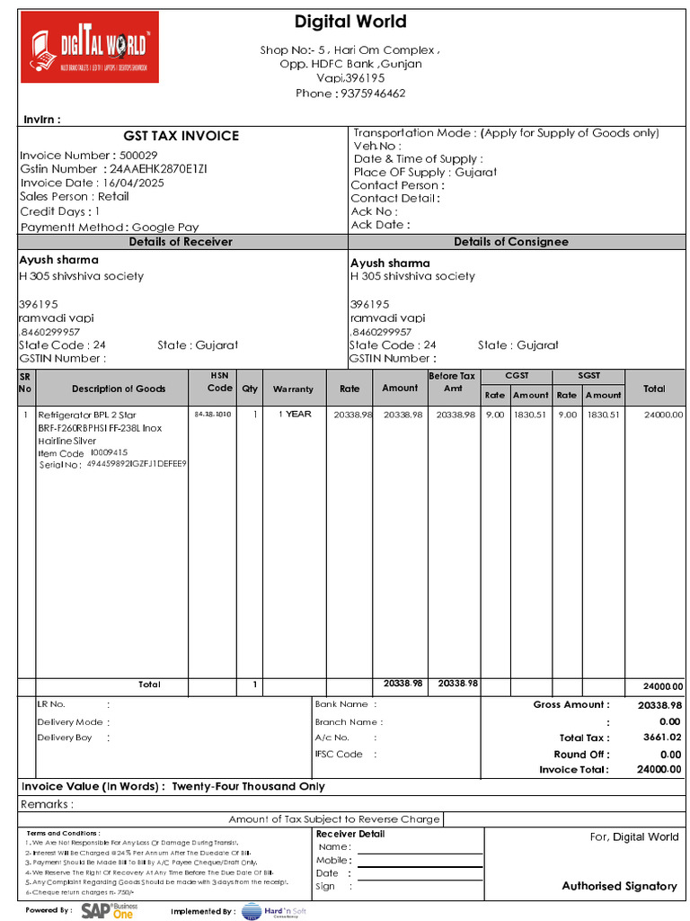 GST Invoice for Refrigerator Purchase | PDF | Payments | Taxes