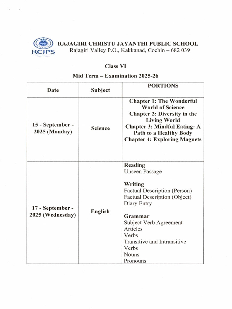 Class 6 Mid-Term Portions | PDF