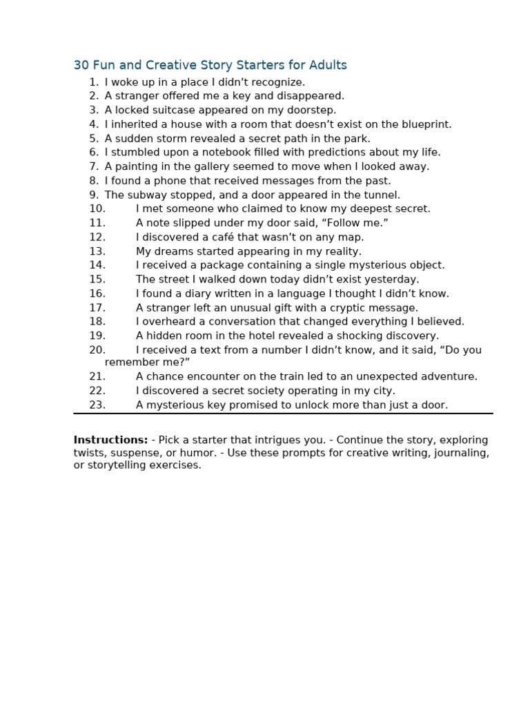 Fun Story Starters List | PDF
