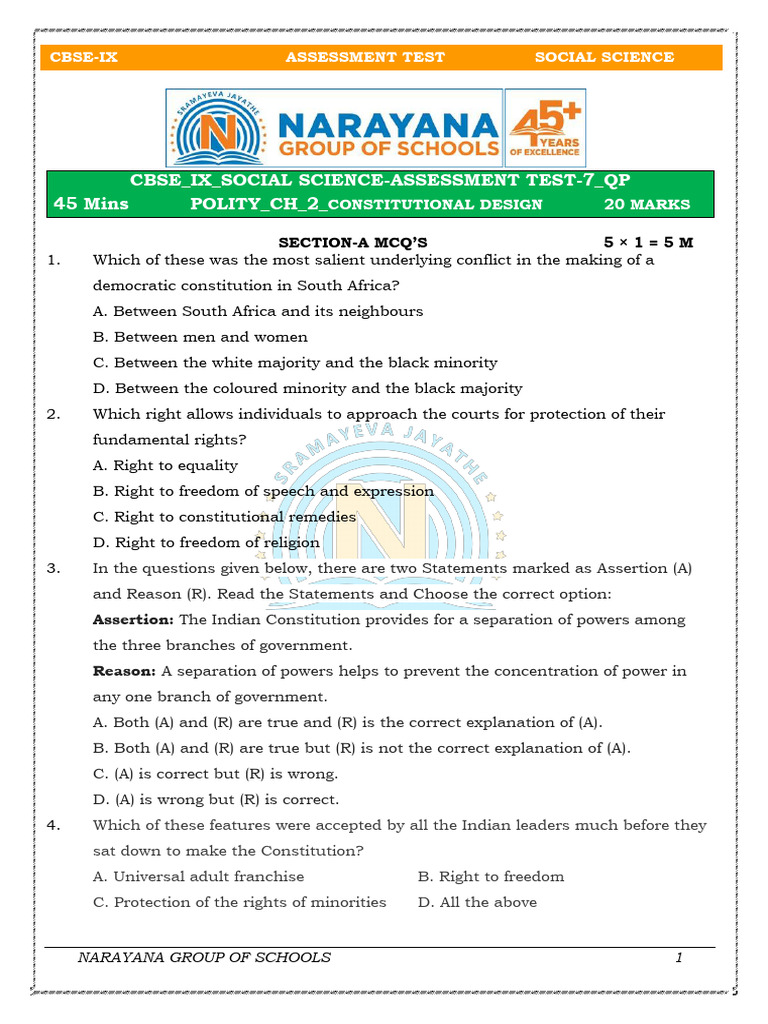Social Science Cbse Ix Ss-Assessment Test-7 Constitutional Design QP ...