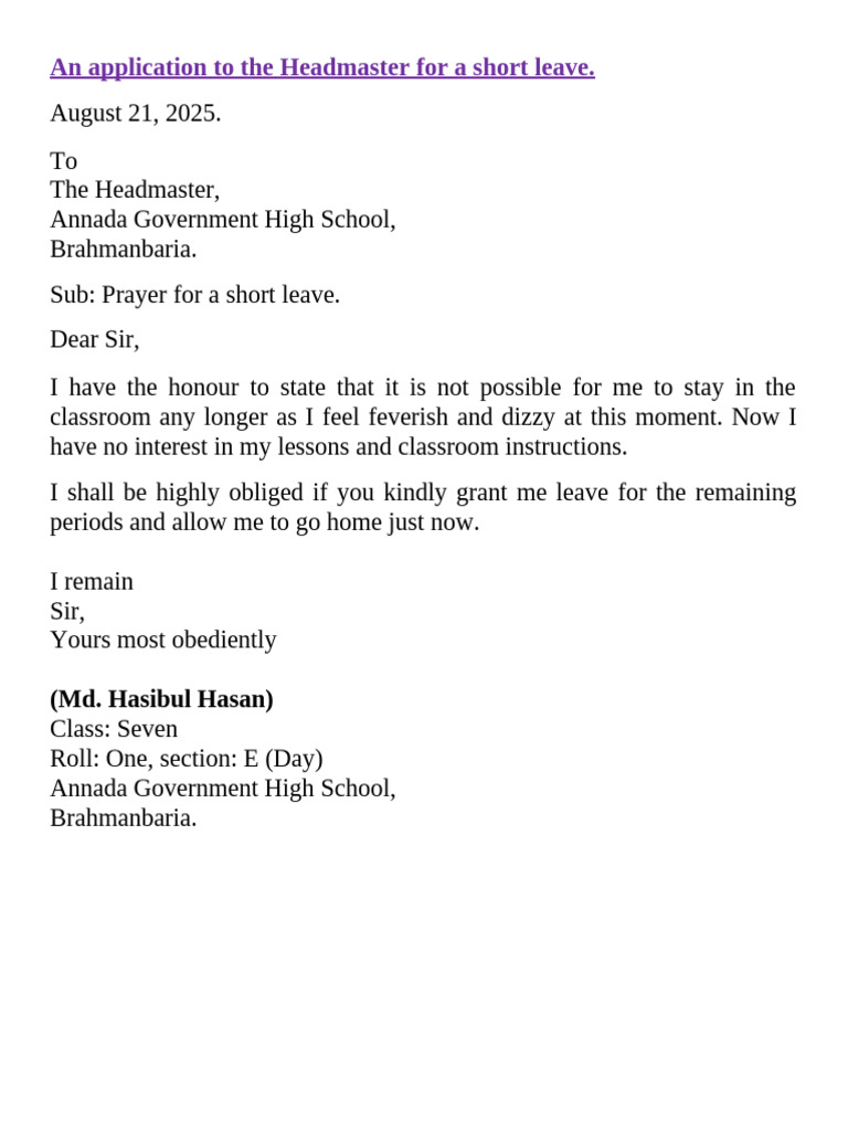 An Application To The Headmaster For A Short Leave | PDF