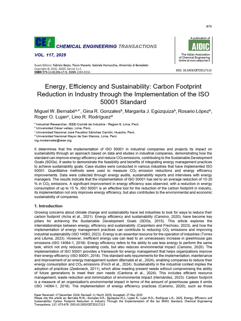 Energy, Efficiency & Sustainability - CF Reduction in Industrythr The Implementation of The ISO ...