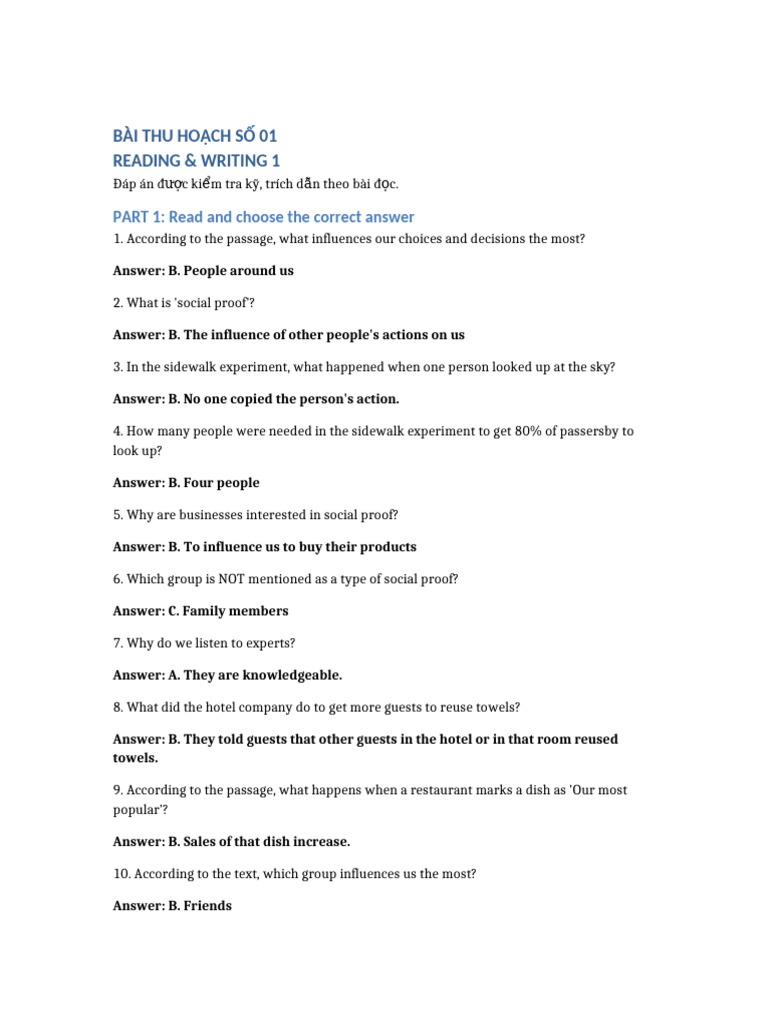 Bai Thu Hoach 1 Answer Reviewed | PDF